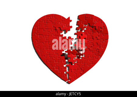 Split red heart jigsaw puzzle, zoomed in, on a light blue background ...