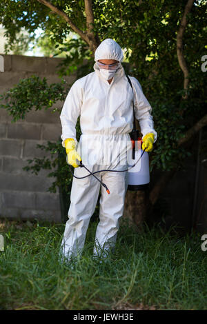 Pest control man spraying pesticide Stock Photo - Alamy