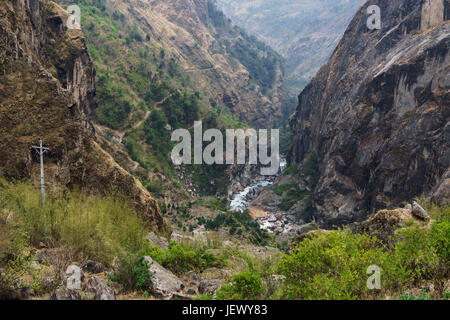 Marsyangdi river valley between Chamje and Tal, Nepal. A Jeep can be ...