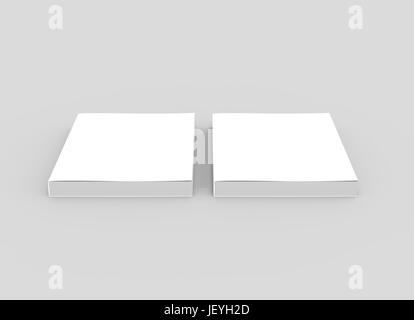 two blank 3d rendering thick books, one page turned, isolated gray ...