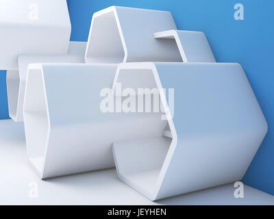 Abstract interior fragment with white hexagonal installation near blue ...