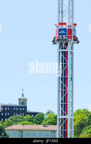 Amusement park drop tower. Low angle, sunny summer day, no people Stock ...