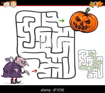 Halloween labyrinth maze. Vector kids riddle, boardgame worksheet with ...