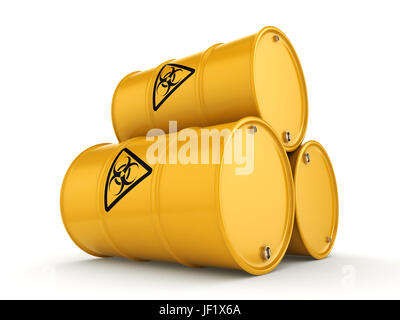 Biohazard and biological waste barrels in row concept. Medical toxic ...