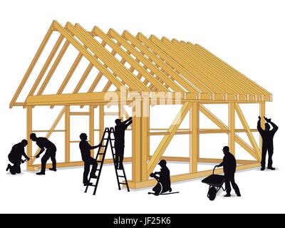 Build a wooden house with a carpenter and joiner illustration Stock ...