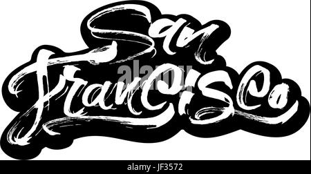 San Francisco white lettering. Vector with skyscrapers and golden gate ...