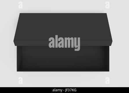 3d rendering black blank half open box and lid, placed in cross shape ...