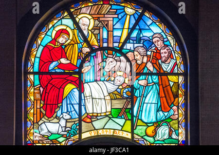 The Holy Trinity. Stained glass window in Saint Barbara's Church in ...