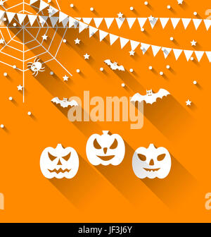 spooky pumpkin and paper bats with shadow on orange background ...