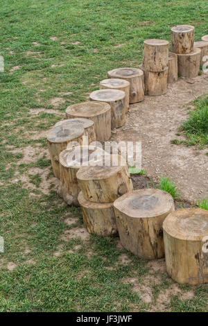 Log seating arranged round a campfire at an outdoor / environmental ...