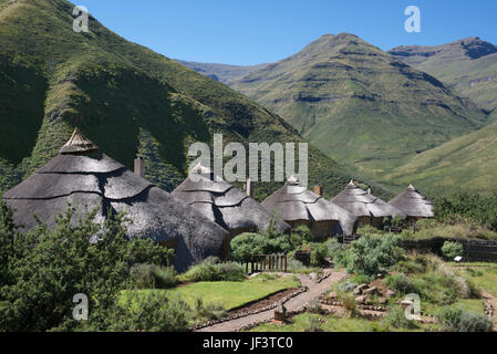 Row of thatched round cottages Maliba Lodge Leribe District Lesotho ...