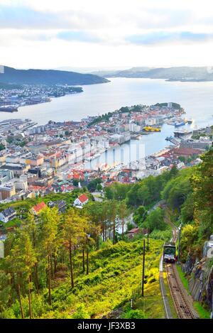 Panoramic view from hill of Bergen and fjord landscape red sky sunset ...