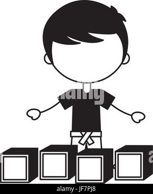 Emotional little boy playing with blocks black and white 2D line ...