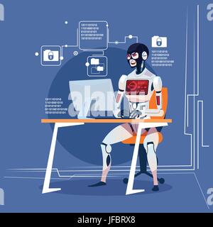 Hacker artificial intelligence robot danger dark face. Cyborg binary code head shadow online ...