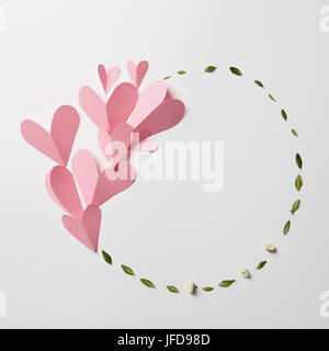 Round frame of craft paper hearts and circles on wooden background ...