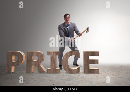 Angry man with axe axing the price word Stock Photo - Alamy