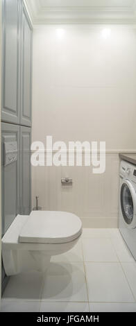 Interior of narrow restroom with washing machine and wall hung toilet ...