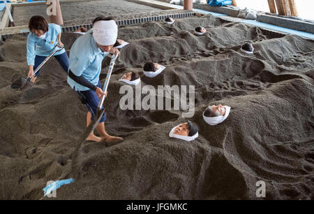 Japan, Kyushu Island, city of Ibusuki, bath of hot sand on the beach of ...