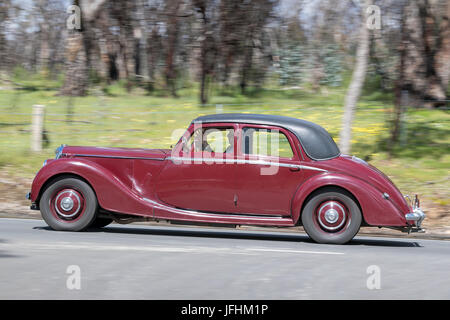 Vintage 1950 Riley RMB Sedan driving on country roads near the town of ...