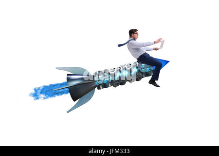 Businessman flying on rocket isolated on white Stock Photo - Alamy