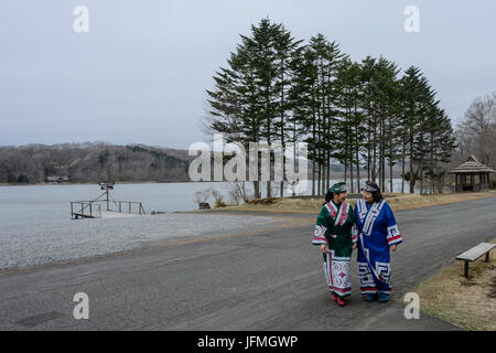 Ainu women in Ainu village museum,Shiraoi Poroto Kotan,Shiraoi,Hokkaido ...