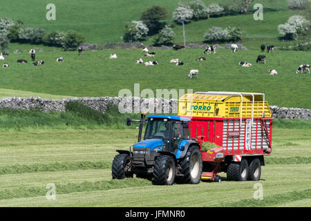 New Holland tractor towing a Pottinger forage wagon collecting grass to ...