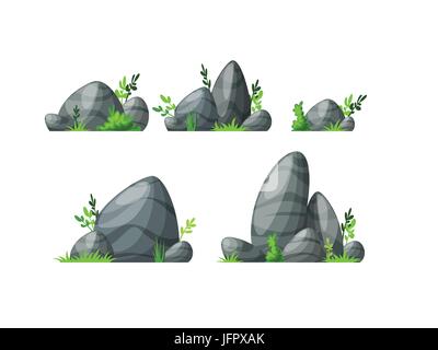 Set of different some cartoon stones with grass Stock Vector Image ...