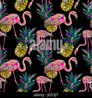 Tropic fruit Pineapple and Pink Flamingo seamless pattern background ...