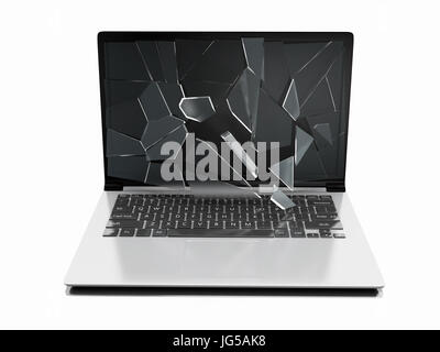 3d renderer illustration. Broken laptop screen with discount icons ...