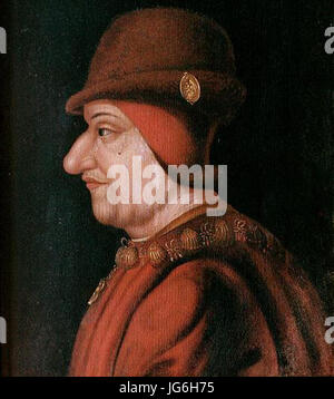 A portrait of Louis XI, King of France, painted in the late 15th ...