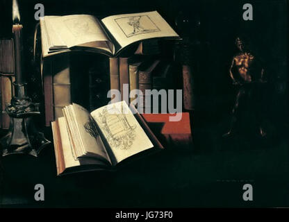 Sebastian Stoskopff ( 1597-1657 ), Still-life with books and bronze ...