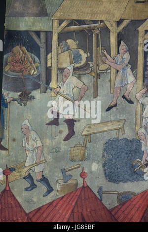 Medieval silver miners depicted on the Stone House in Kutna Hora, Czech ...