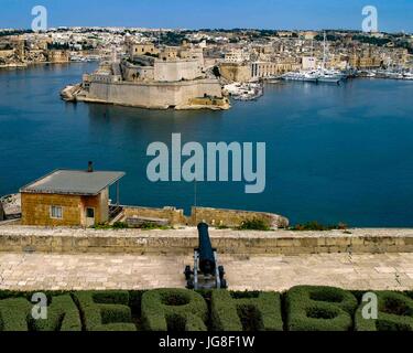 View from Valletta toward Birgu with historic dome and traditional ...
