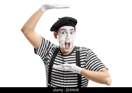 Male mime artist gesturing with his hands excitement, isolated on white ...