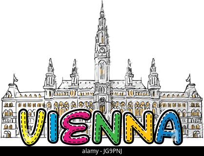 Vienna, Austria Vector Line Icon with Red Ribbon Isolated on White ...