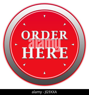 Circular red order here button with arrows and with gold text on white ...