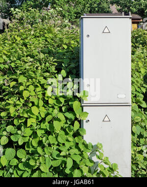 Outdoor electrical distribution boxes with high voltage warning signs ...