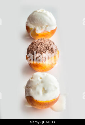Gourmet cold Peaches and cream chocolate drink garnished with caramel ...