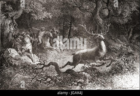 Prehistoric men hunting with bow and arrow and spear Stock Photo ...