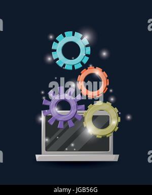 blue dark background with brightness of display computer and gears mechanism with magnifying ...