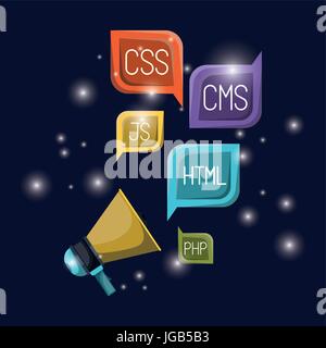 blue dark background with brightness of megaphone with set windows web programming language ...