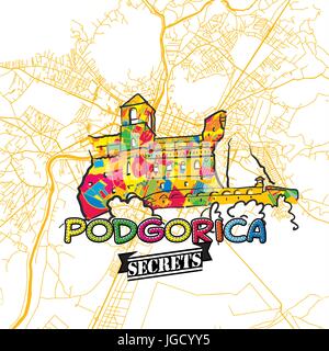 Podgorica city map with hand-drawn architecture icons. All drawigns, map and background ...
