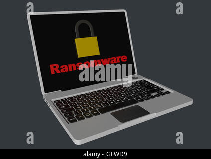 Ransomware text With padlock on laptop screen, 3d Rendered Computer ...