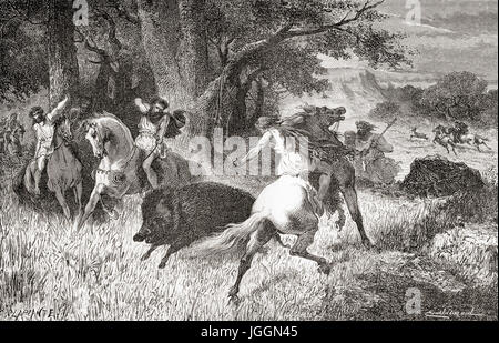 Wild Pig Hunt or Boar Hunter Hamburg Germany (Engraving, 1880 Stock ...