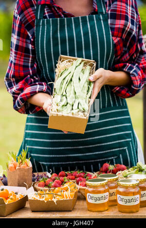 Midsection of female owner gesturing while standing at workshop Stock ...