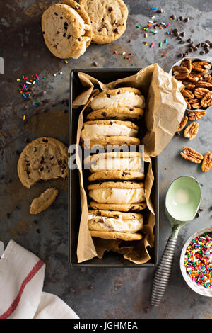 Chocolate chip cookies, shot from the top on a dark rustic wooden ...
