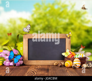 blackboard and bunch of tulip flower on pink and purple background flat ...