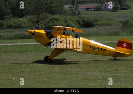 Swiss Yellow Biplane Preparing for Takeoff Stock Photo - Alamy
