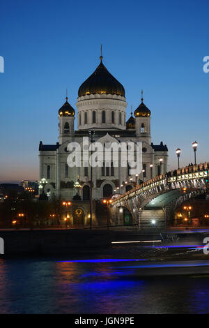 Moscow night city skyline at Cathedral of Christ the Saviour and bridge ...
