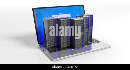 Computer server storage units and laptop isolated on office background ...